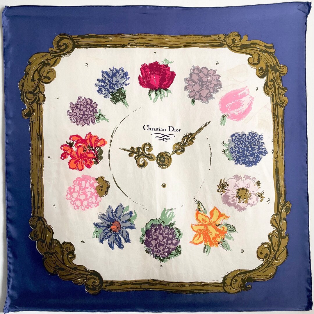 Vintage Christian Dior Floral Clock Silk Scarf Neckscarf Accessories ...