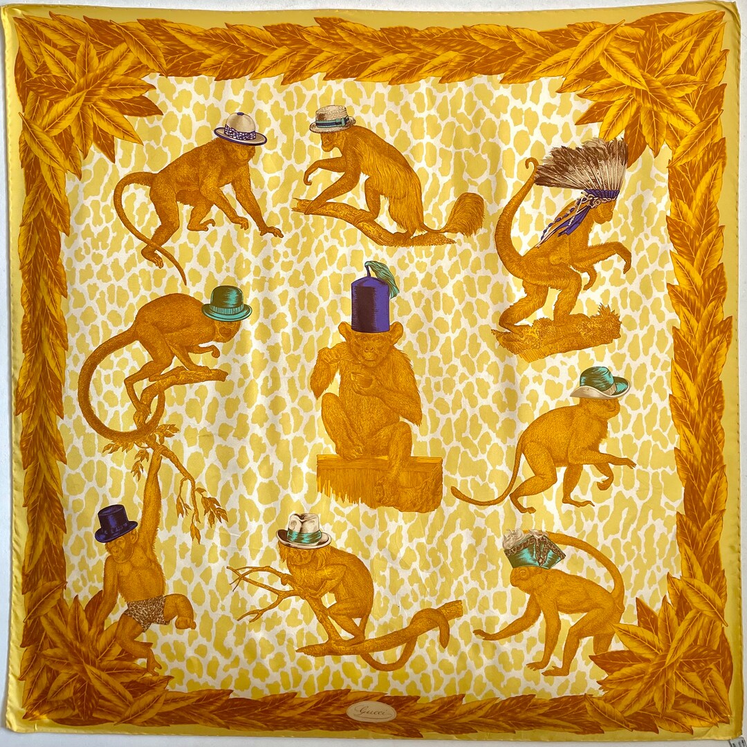 Vintage Gucci Monkey Leopard Pattern Silk Scarf Neckscarf Muffler Shawl ...
