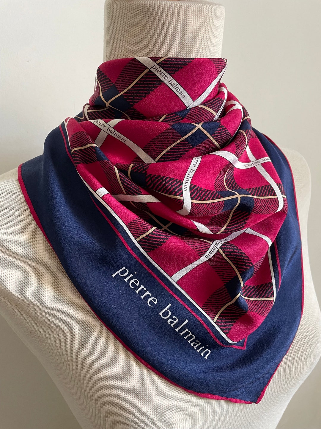 PIERRE BALMAIN Red Tartan Vintage Silk Neckscarf Accessories Headscarf ...