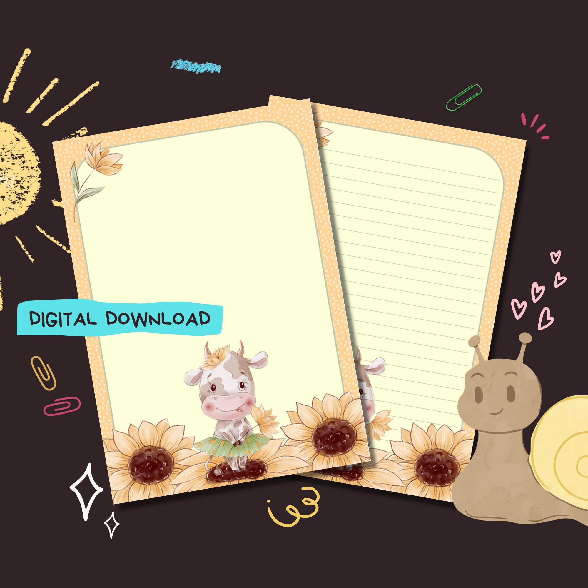 Sunflower Cow - PDF Digital Download - Penpal Letter Writing Paper ...