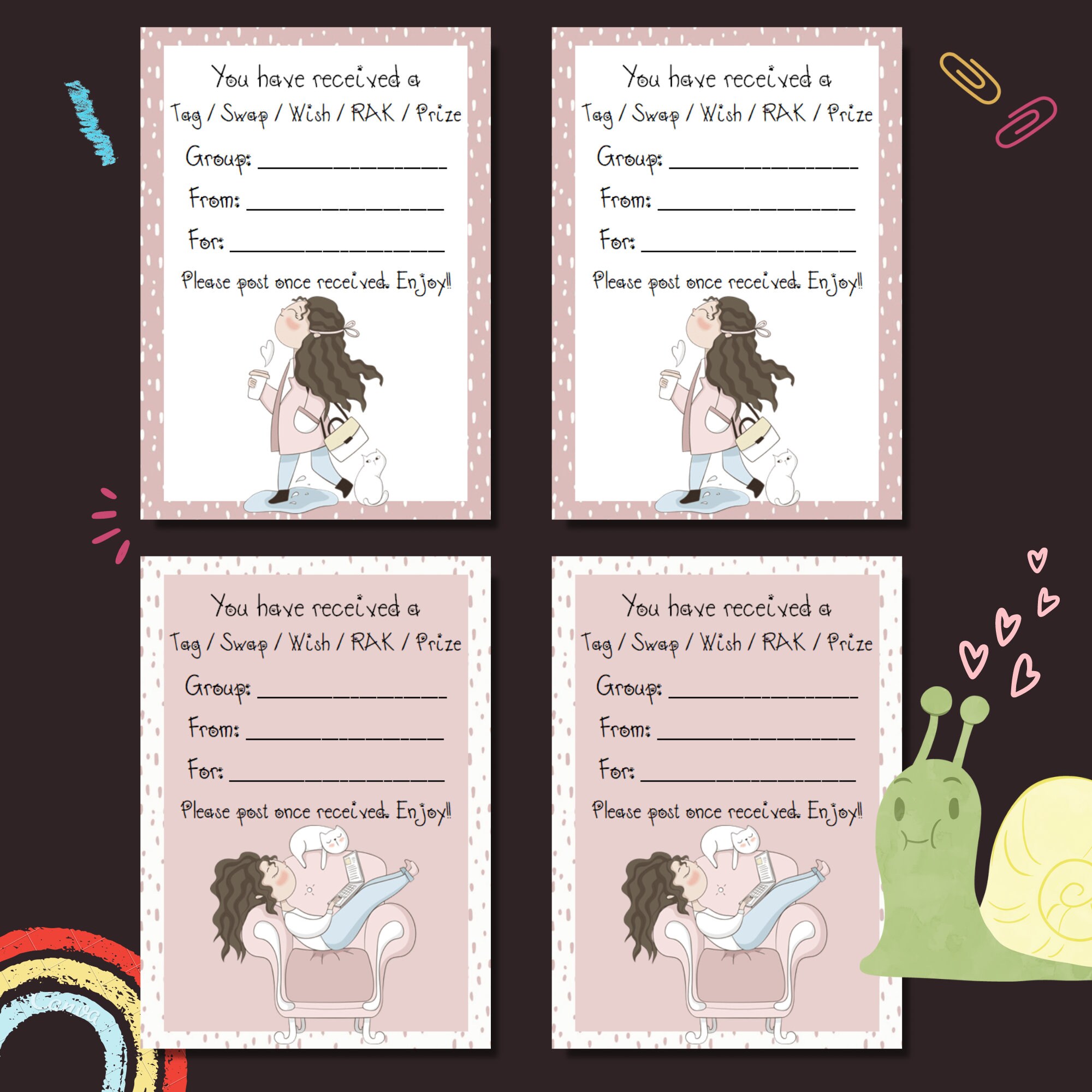 Girl With Cat PDF Digital Download Print at Home Tag Inserts Penpal ...