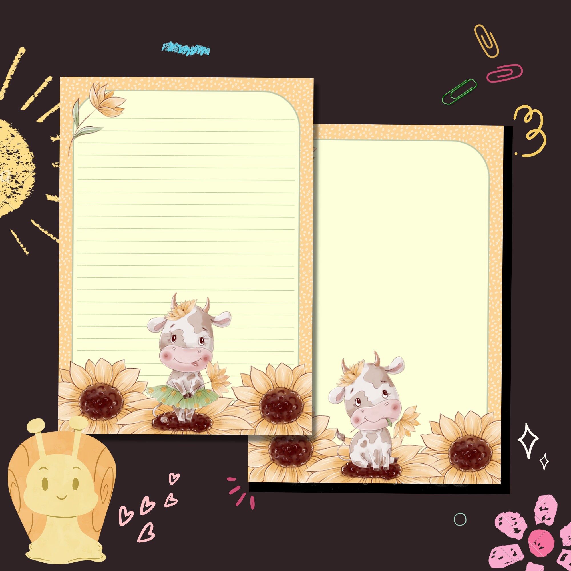 Sunflower Cow - PDF Digital Download - Penpal Letter Writing Paper ...