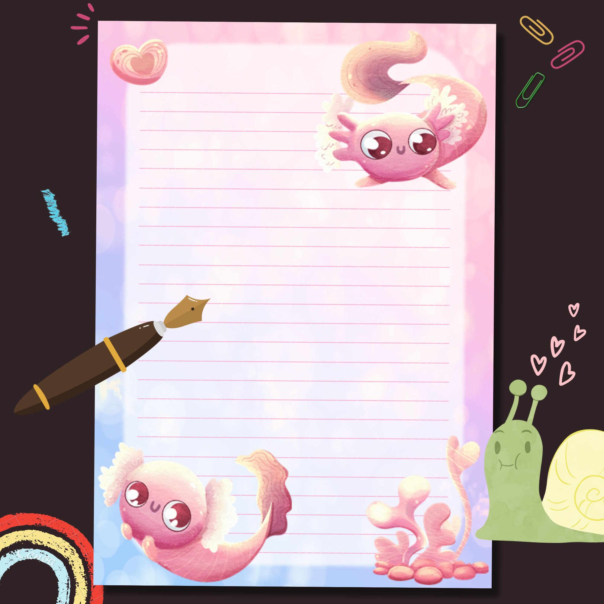 Cute Axolotls - PDF Digital Download - Penpal Letter Writing Paper ...