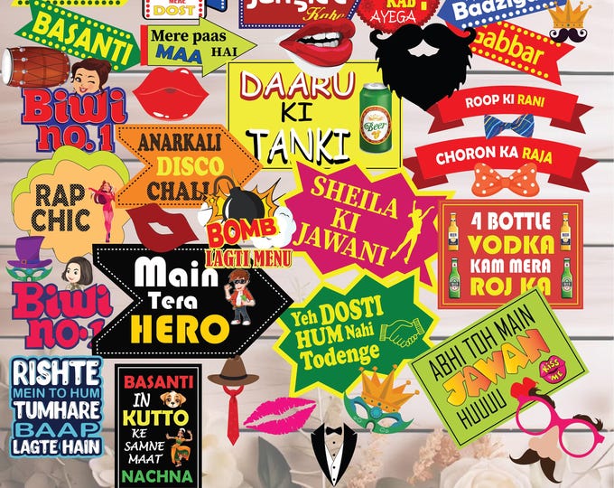 Bollywood Party Photo Booth Props Set of 10 Indian Style, Party Signs ...