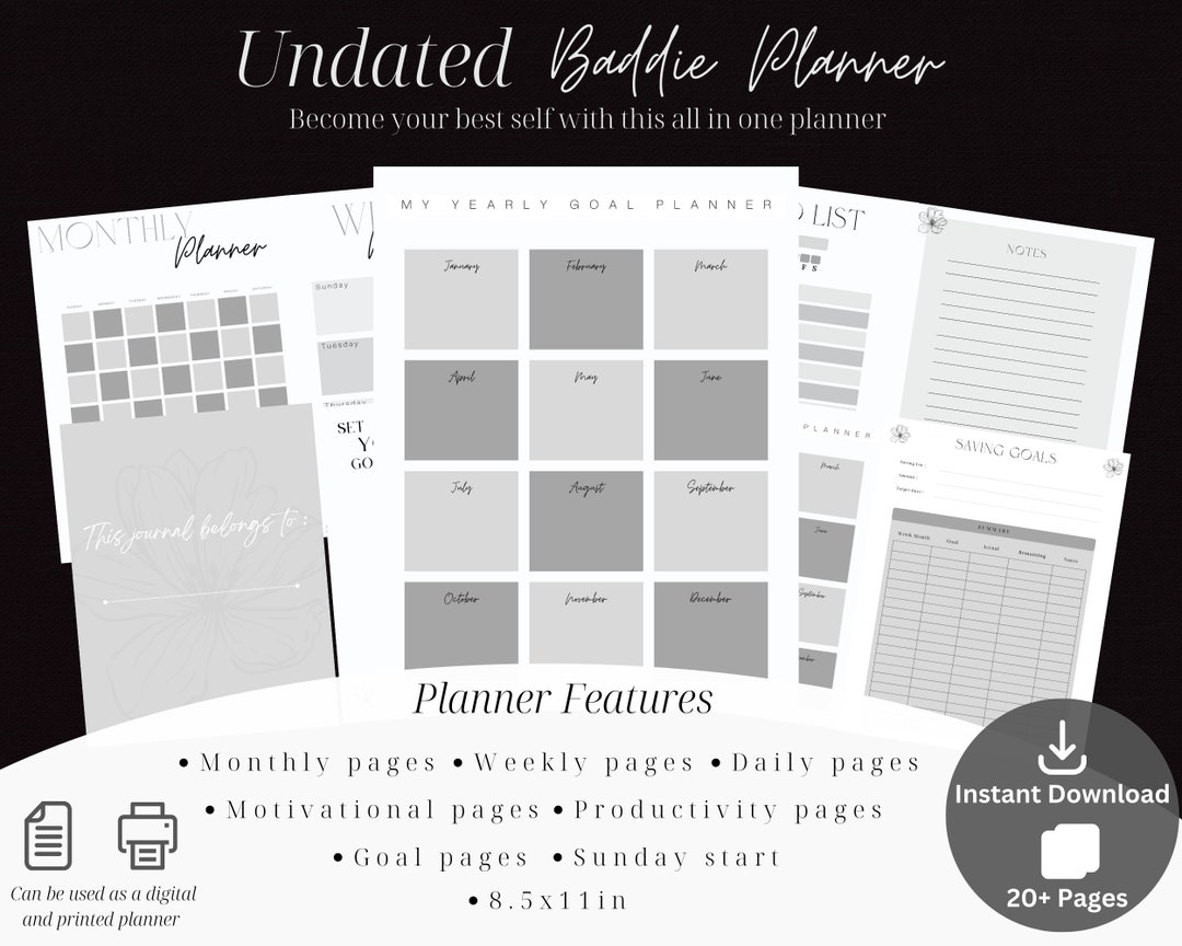 Monochromatic Undated Planner Baddie Planner Daily, Weekly& Monthly Planner Digital Planner ...