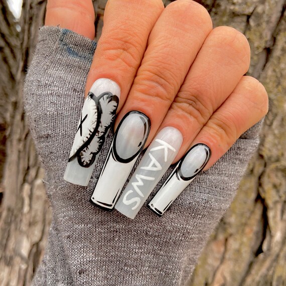Kaws Press on Nails Milky White Nails XL XXL XXXL Trendy Nails Black and White Nails Winter Nail Designs Kaws Nail Designs Insta Etsy