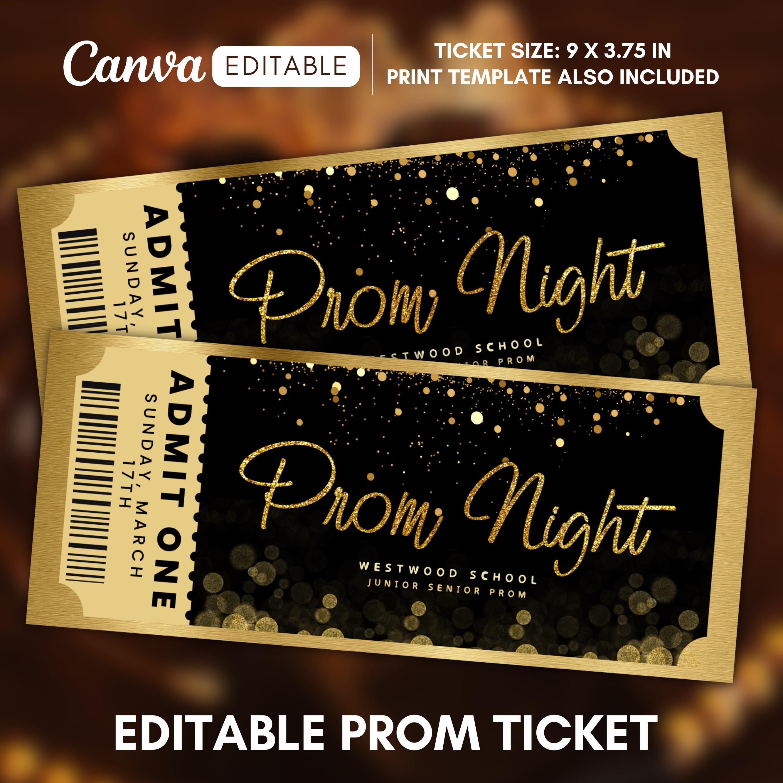 Prom Ticket, Prom School Dance Ticket Template, Black and Gold Prom ...