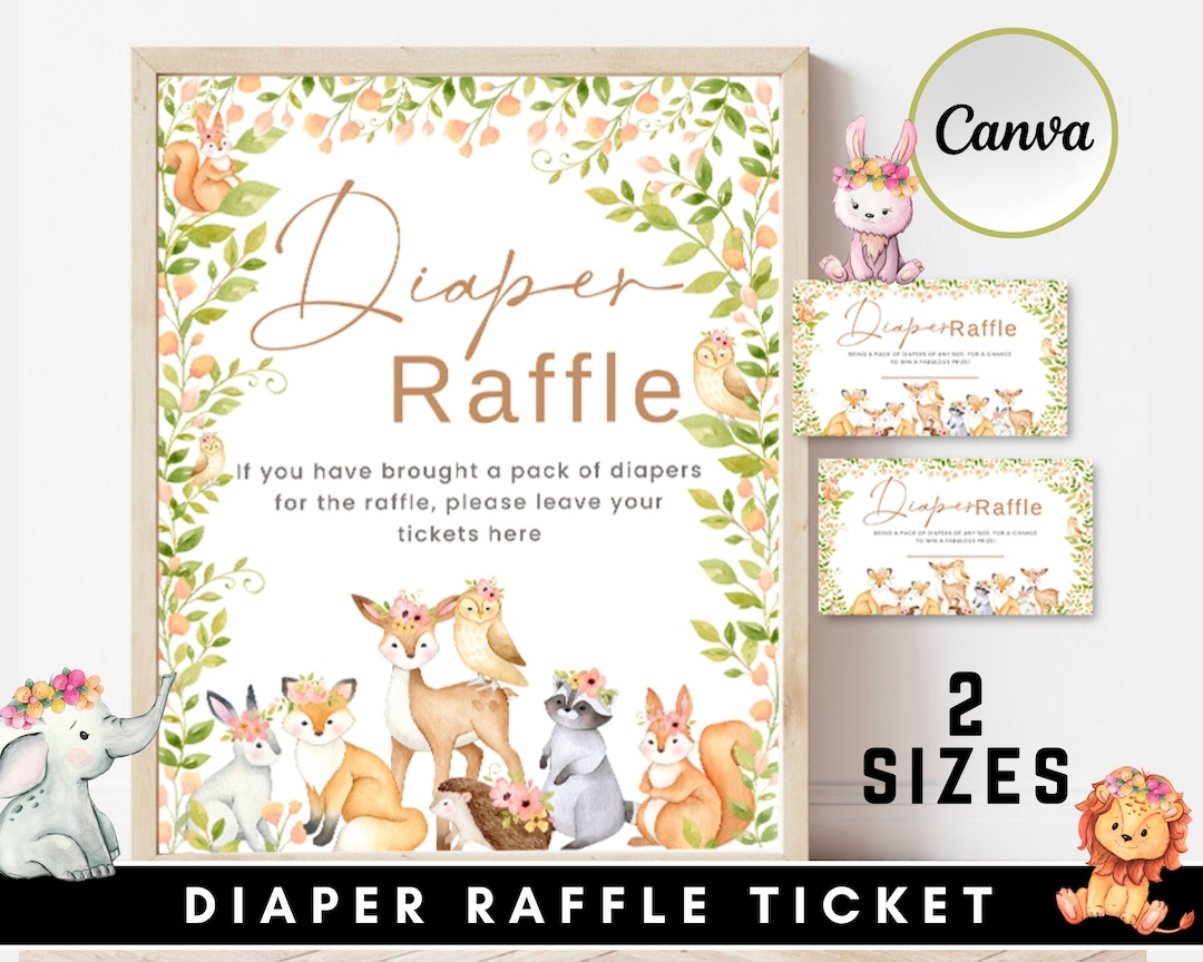 Diaper Raffle Tickets and Sign Woodland Baby Shower Game Greenery ...