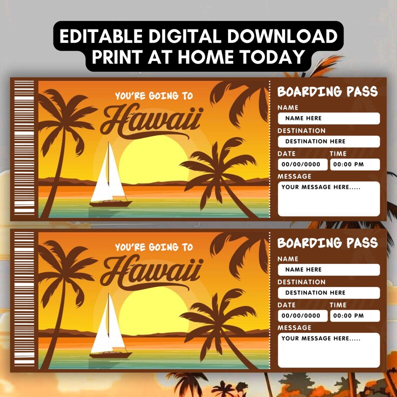 Editable Hawaii Boarding Pass Template, Hawaii Usa Trip Surprise Gift ...