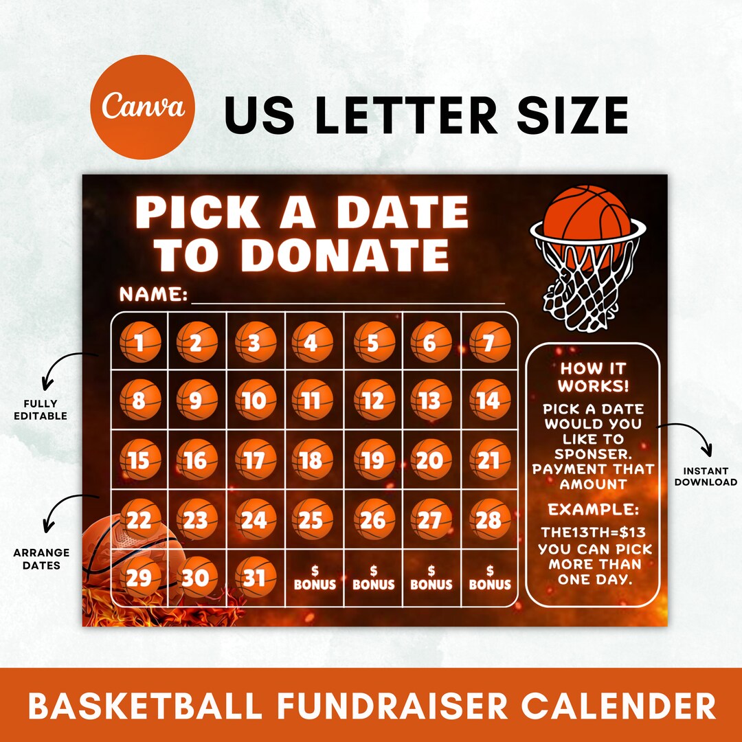 Basketball Pick a Date to Donate, Instant Download, Pay the Date ...