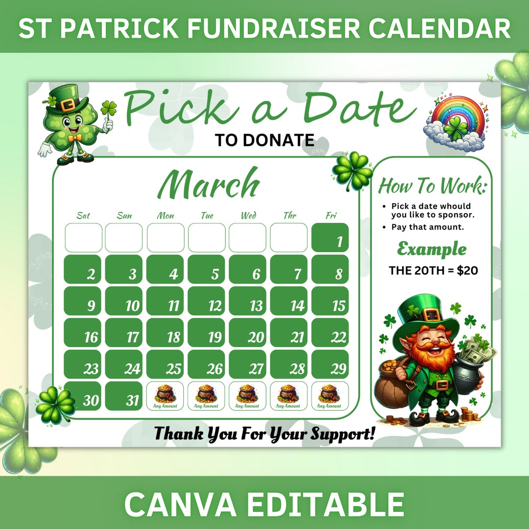St Patrick Fundraising Calendar, Pick a Date Donation St Patrick ...
