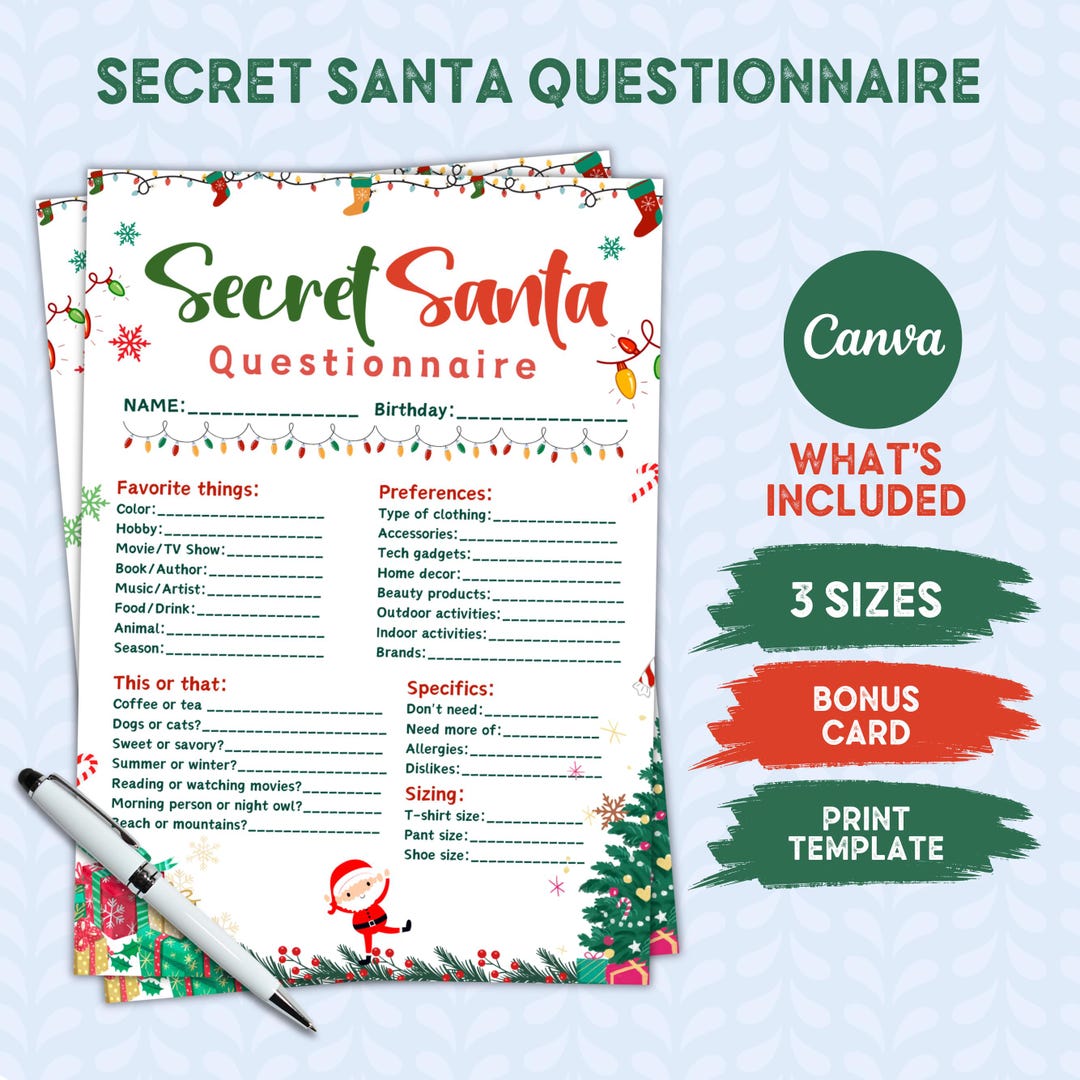 Secret Santa Questionnaire, Secret Santa Questions Printable, Secret ...