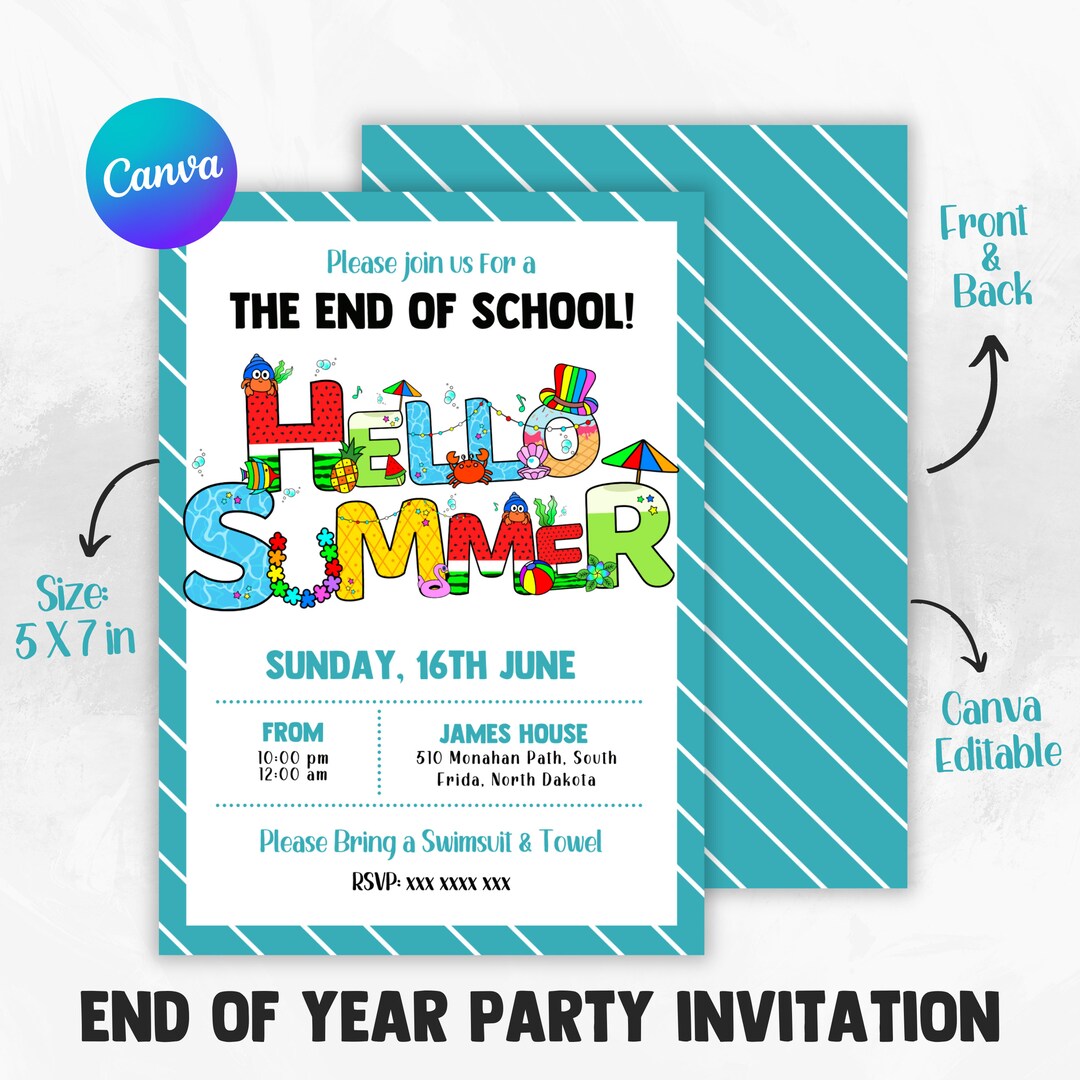 End of Year Party Digital Download Invitation Template, Hello Summer ...