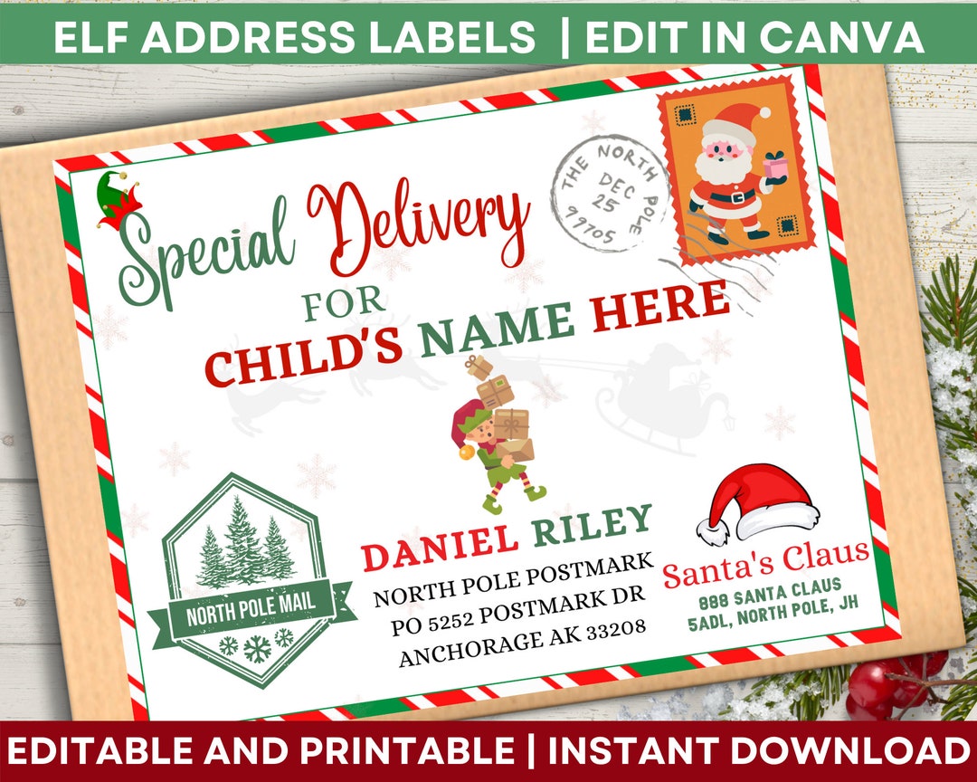 Elf Address Labels Template, Printable Elf Mail and Santa Mail Shipping ...