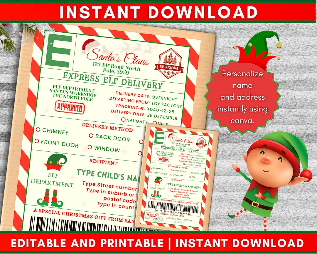 Elf Labels, Elf Mail Shipping Label, Elf Mail Label, Elf Arrival ...