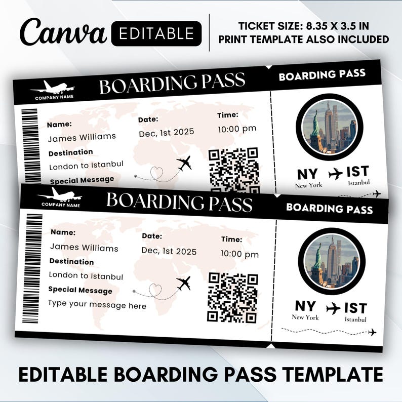 Editable Boarding Pass Canva Template Printable Airline Ticket Boarding ...