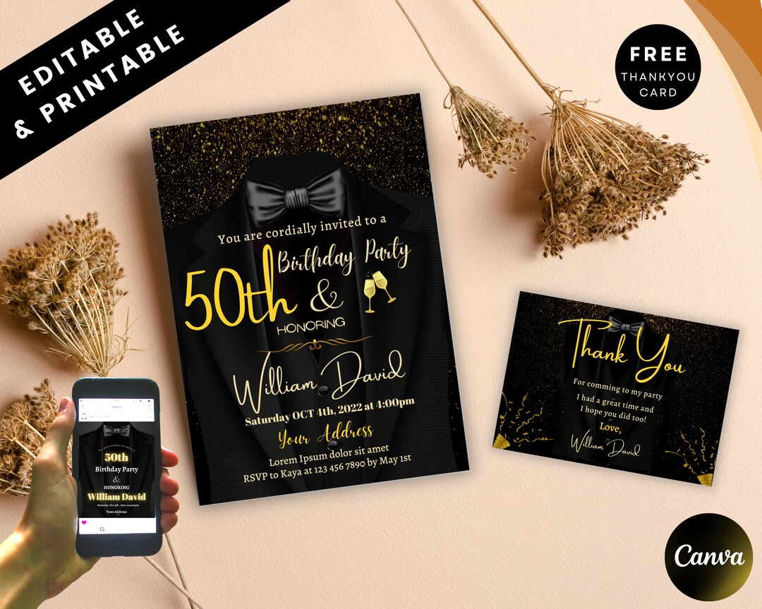 Tuxedo Birthday Invite, Bday Invitation Card, Men Birthday Invite ...
