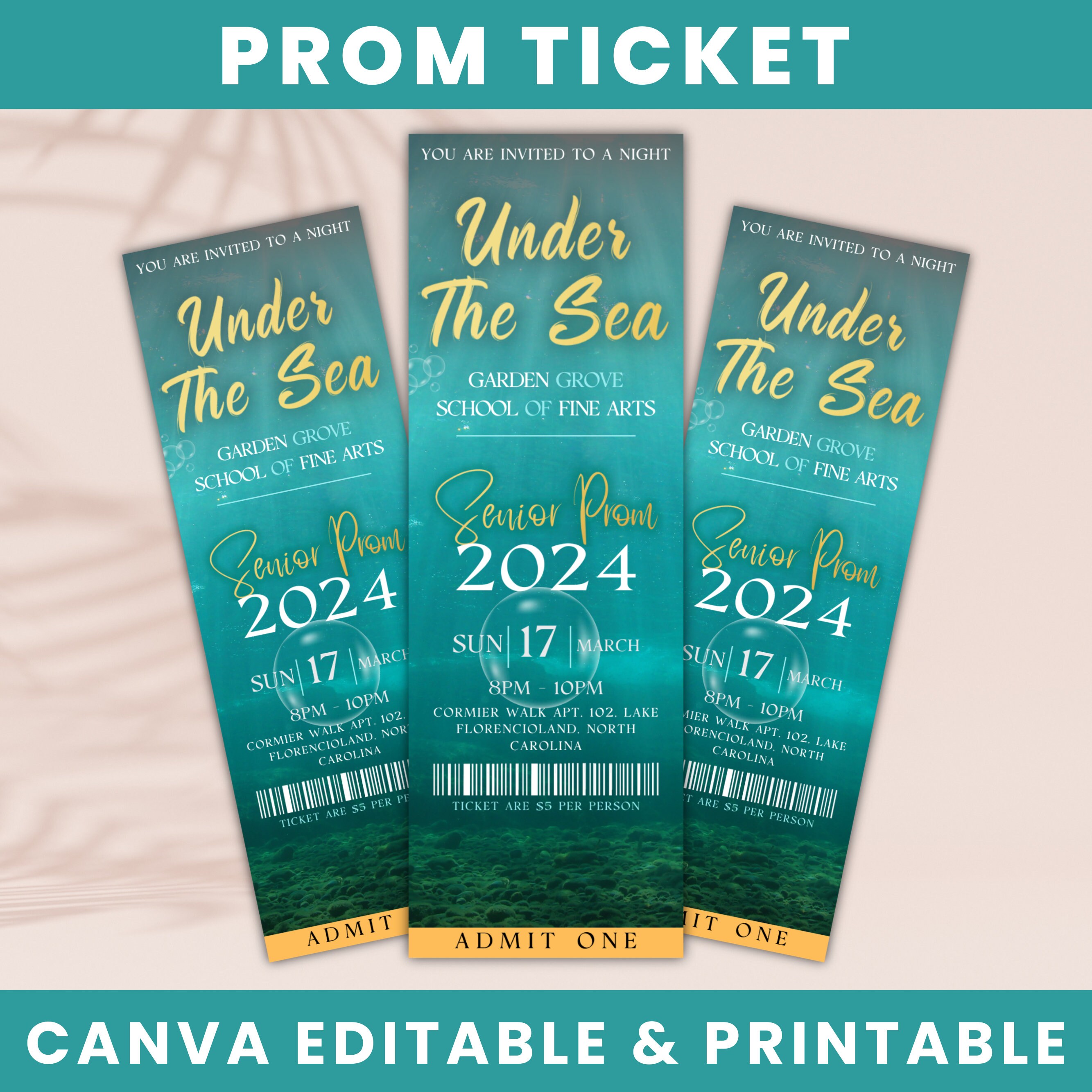 Prom Ticket Template, Prom Under the Sea Ticket, Ticket Template, Prom ...