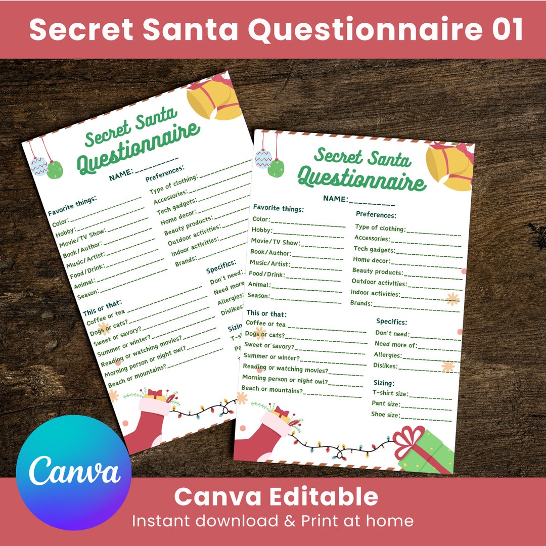 Secret Santa Questionnaire, Secret Santa Questions Printable, Secret ...