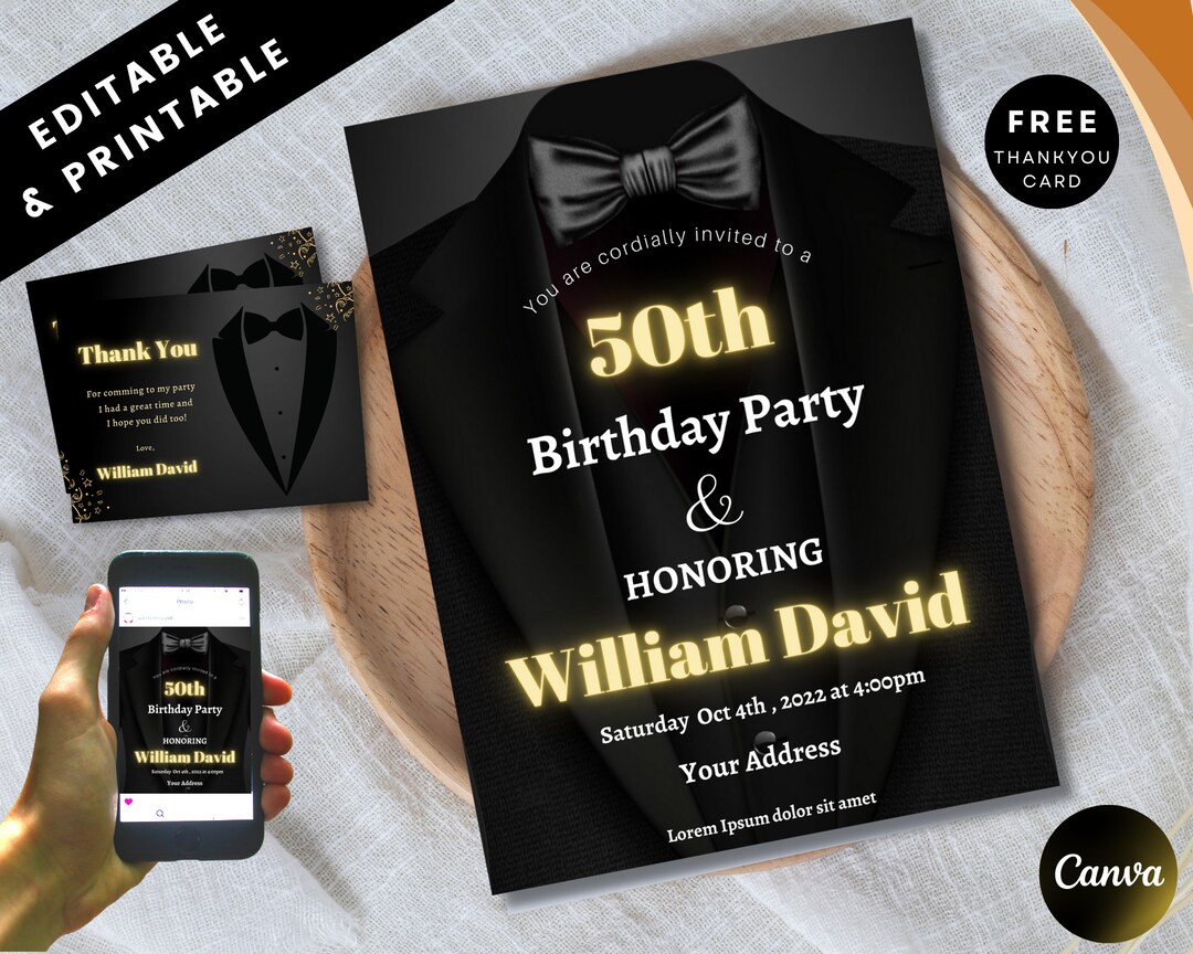 Tuxedo Man Invite, Invite Bday Card, Self Editing, Adult Birthday, Self ...