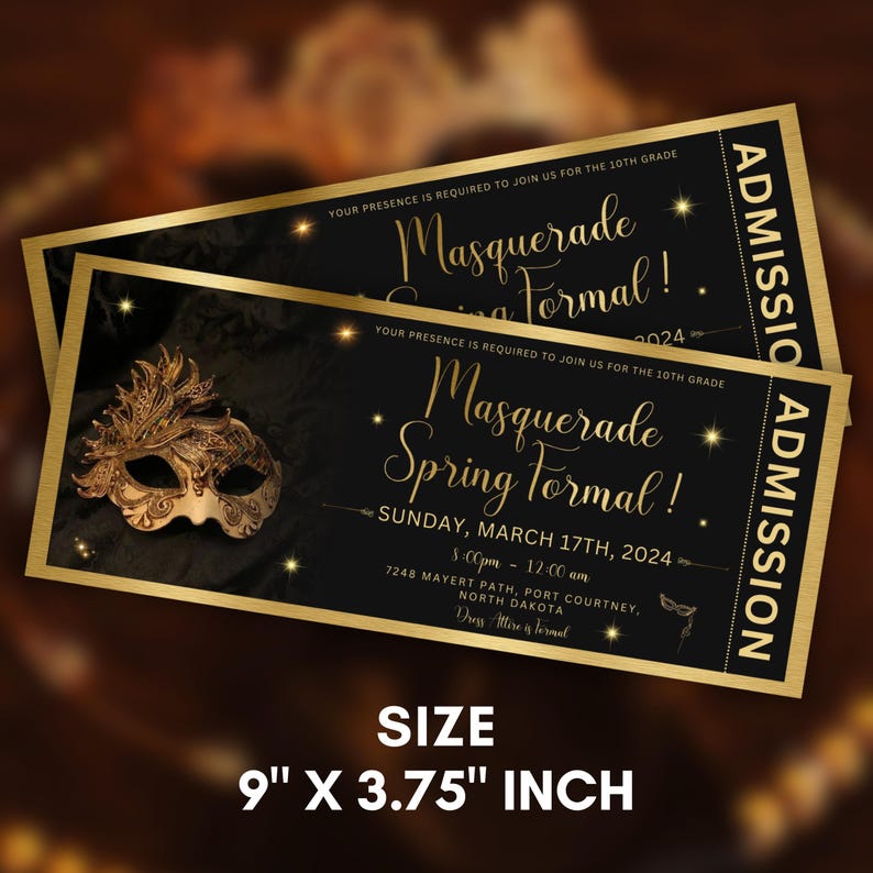 Masquerade Prom Ticket, Masquerade Ticket Invitation, Editable ...