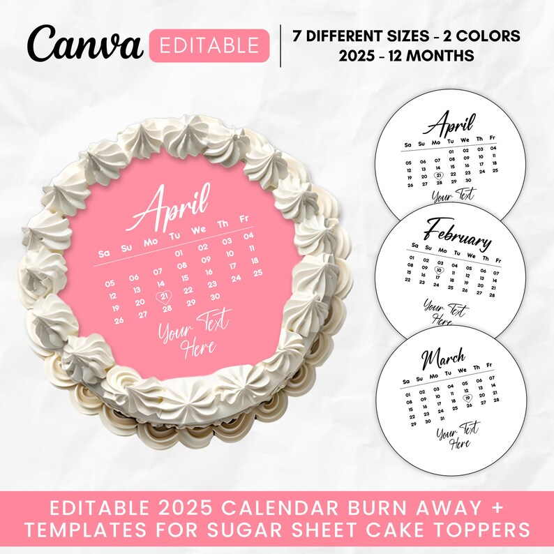 Burn Away Cake Topper Calendar Template, 2065 Custom Calendar Editable ...