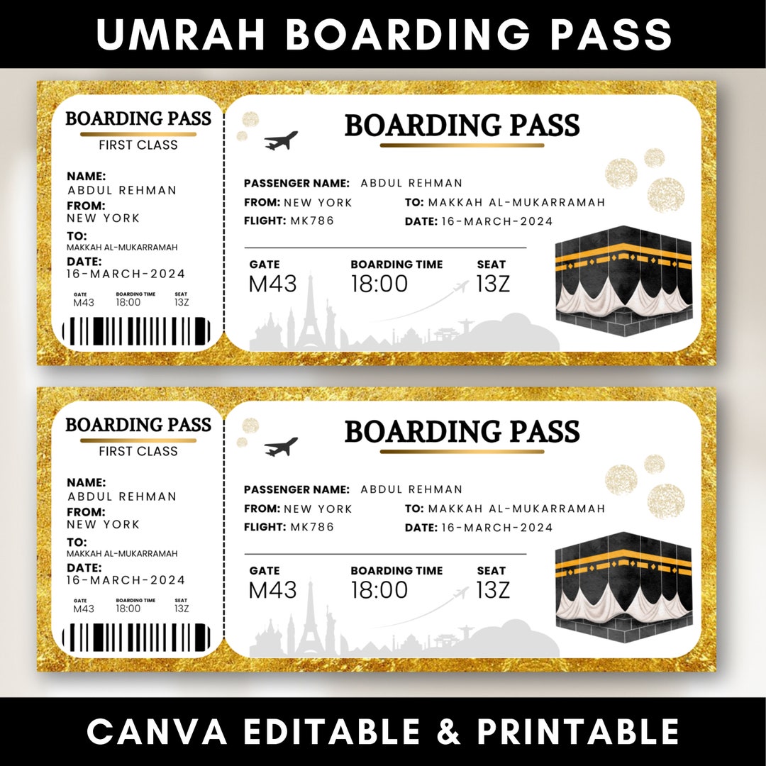 Hajj Boarding Pass, Editable Umrah Mubarak Boarding Pass, Hajj Plane ...