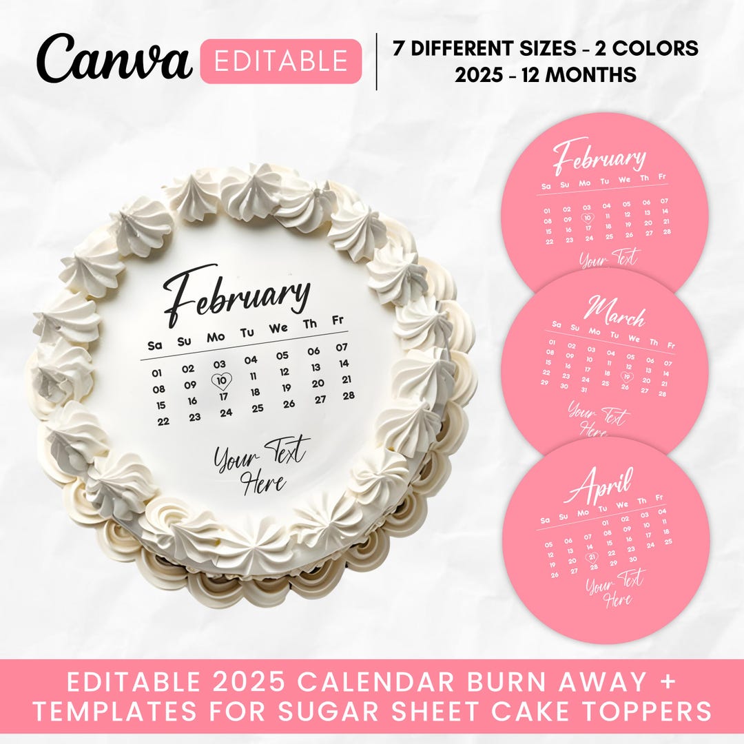 Burn Away Cake Topper Calendar Template, 2065 Custom Calendar Editable ...