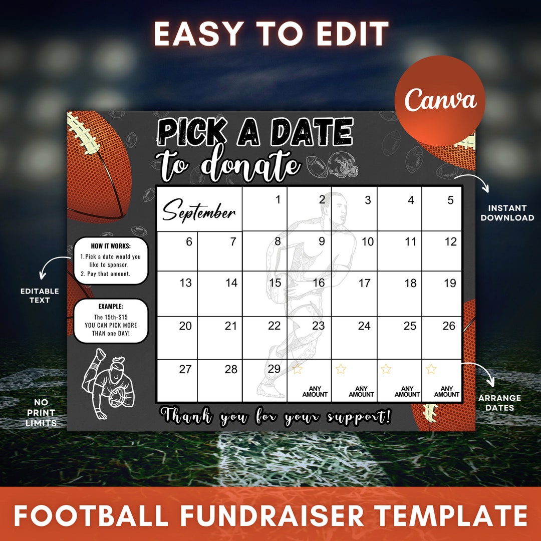 Editable Football Fundraiser Calendar, Calendar Fundraiser, Fundraiser ...