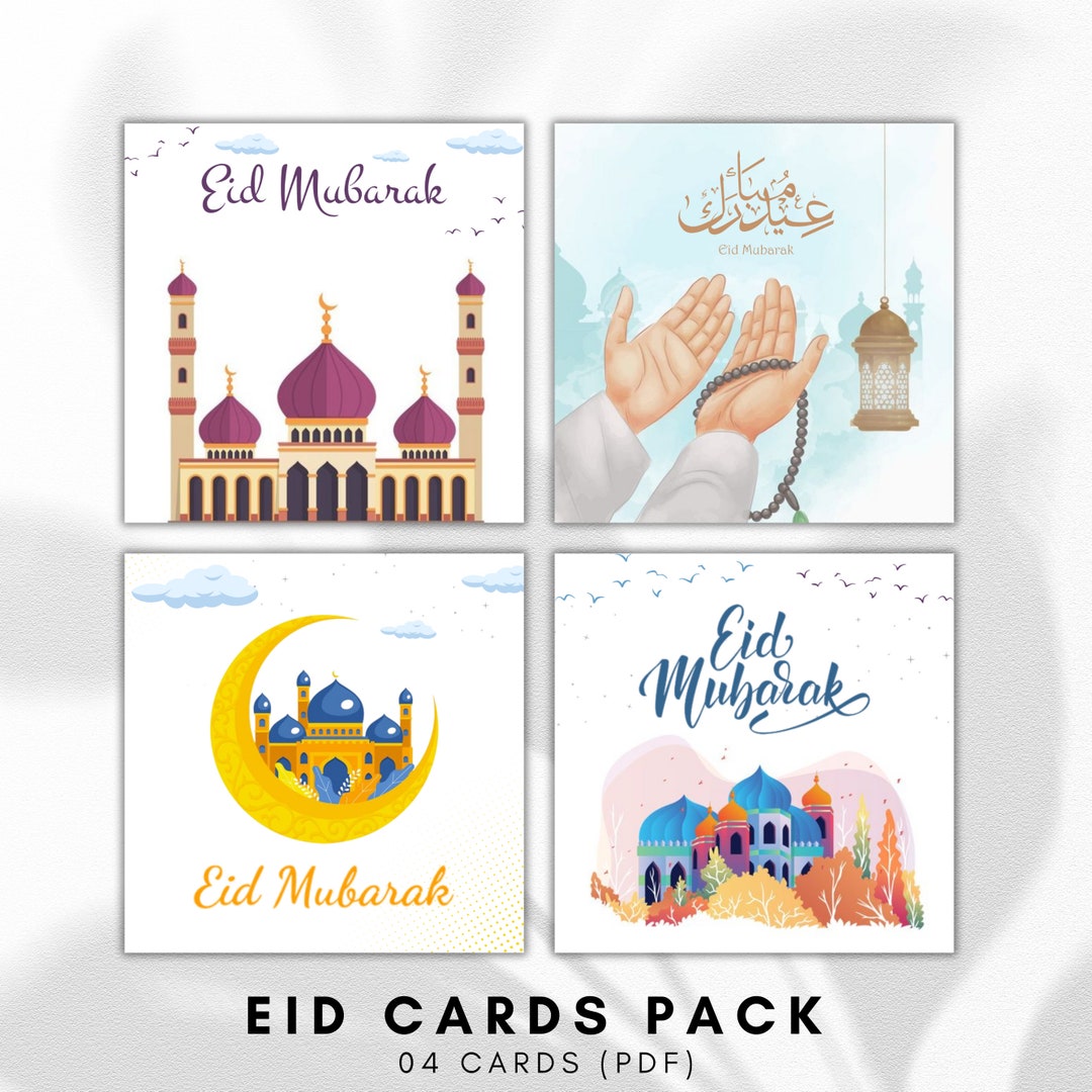 Eid Mubarak Cards, Eid Cards Pack Bundle of 4, Eid Greeting Cards, Eid ...