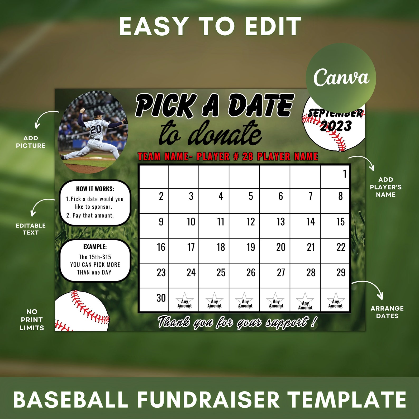 Editable Baseball Calendar Fundraiser Template | Clear the Board ...