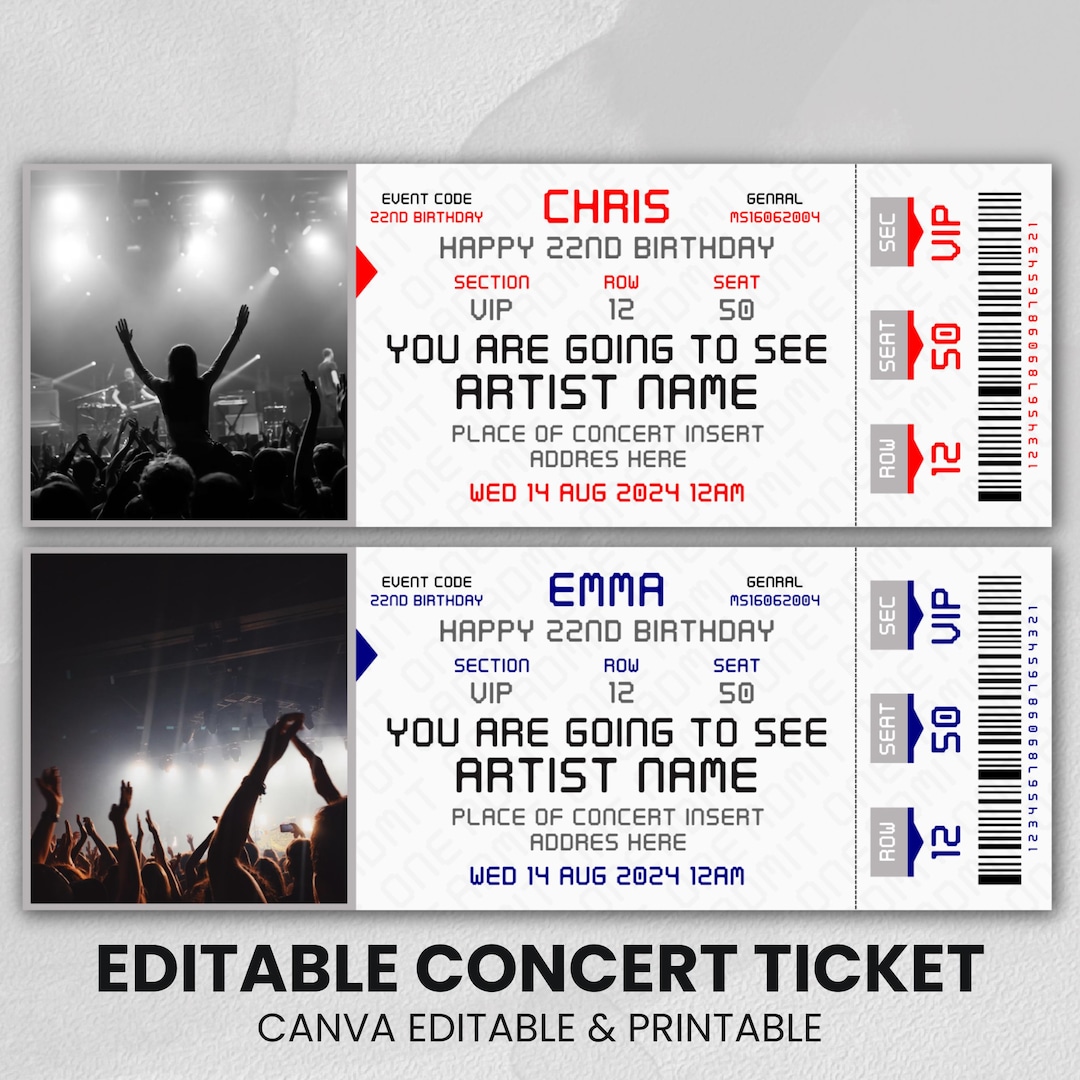 Editable Concert Ticket Template, Custom Concert Ticket Gift, DIY Event ...