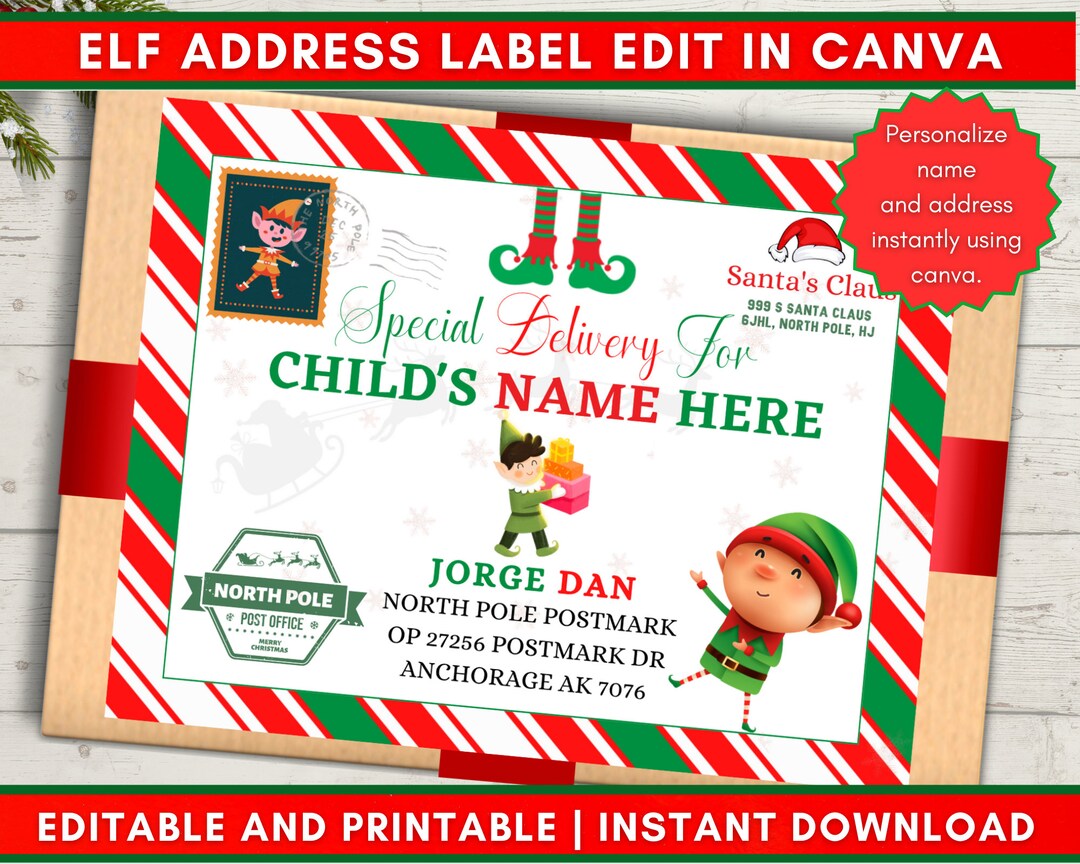 Elf Mail Shipping Labels North Pole, Elf Address Labels Template, Elf ...