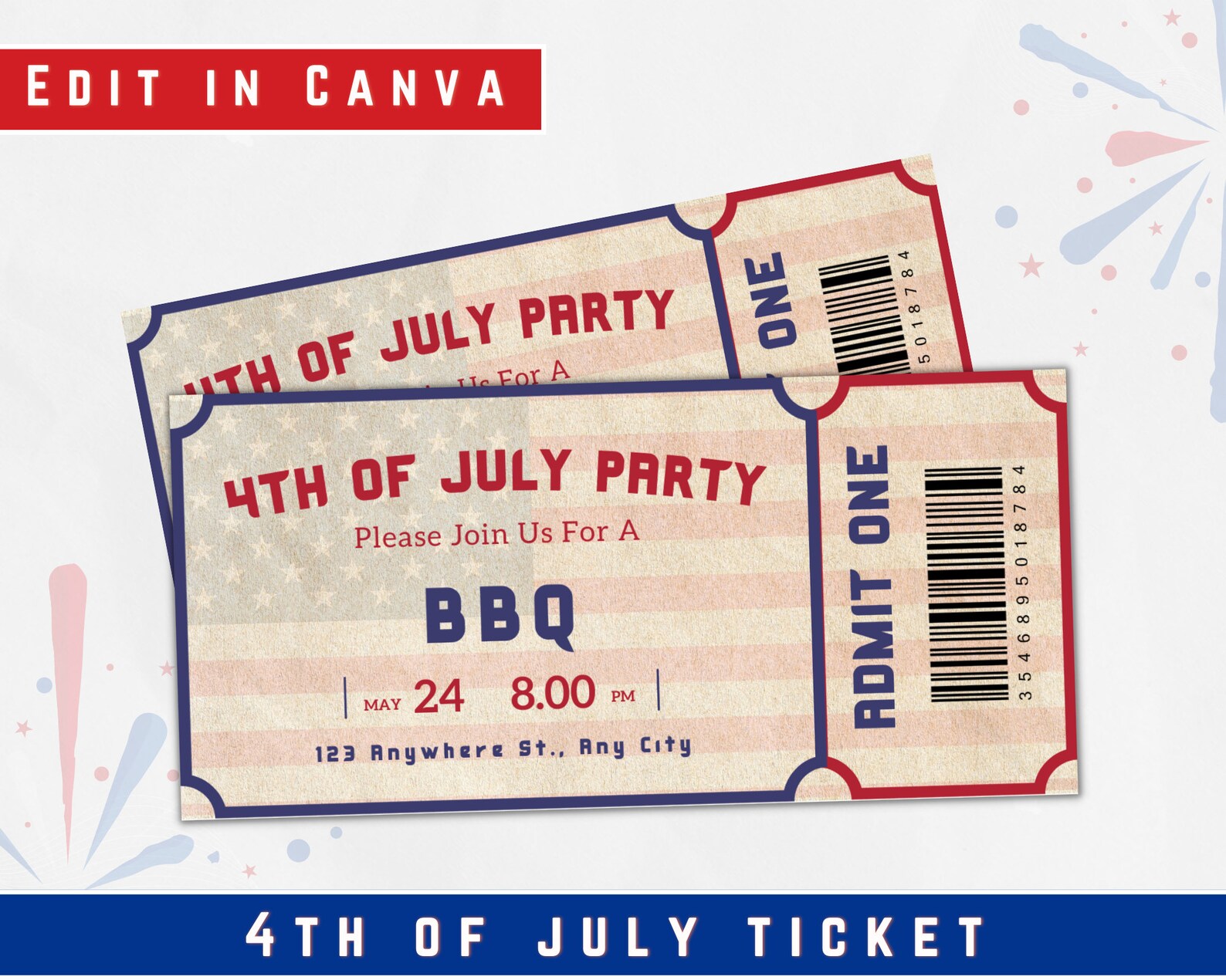 4th of July Party Ticket Invitation, Event Ticket Printable ...