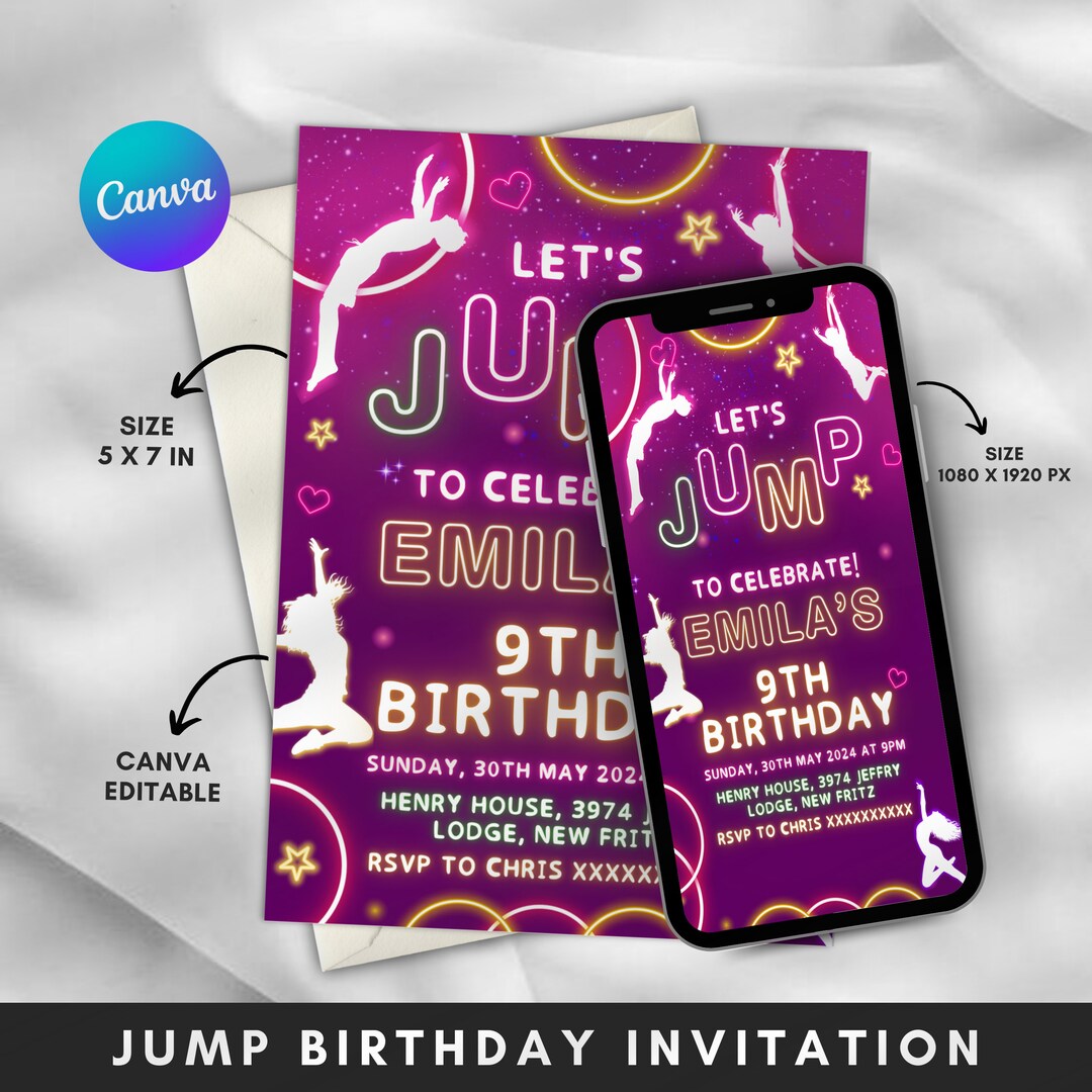 Editable Jump Birthday Invitation, Glow Birthday Invitation Party, Diy ...