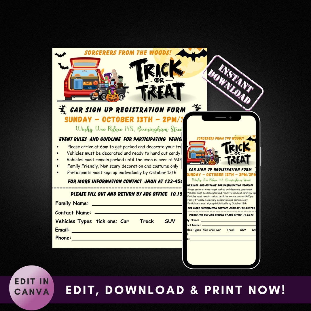 Trunk or Treat Sign up Sheet Template, Kids Halloween Party, Halloween ...