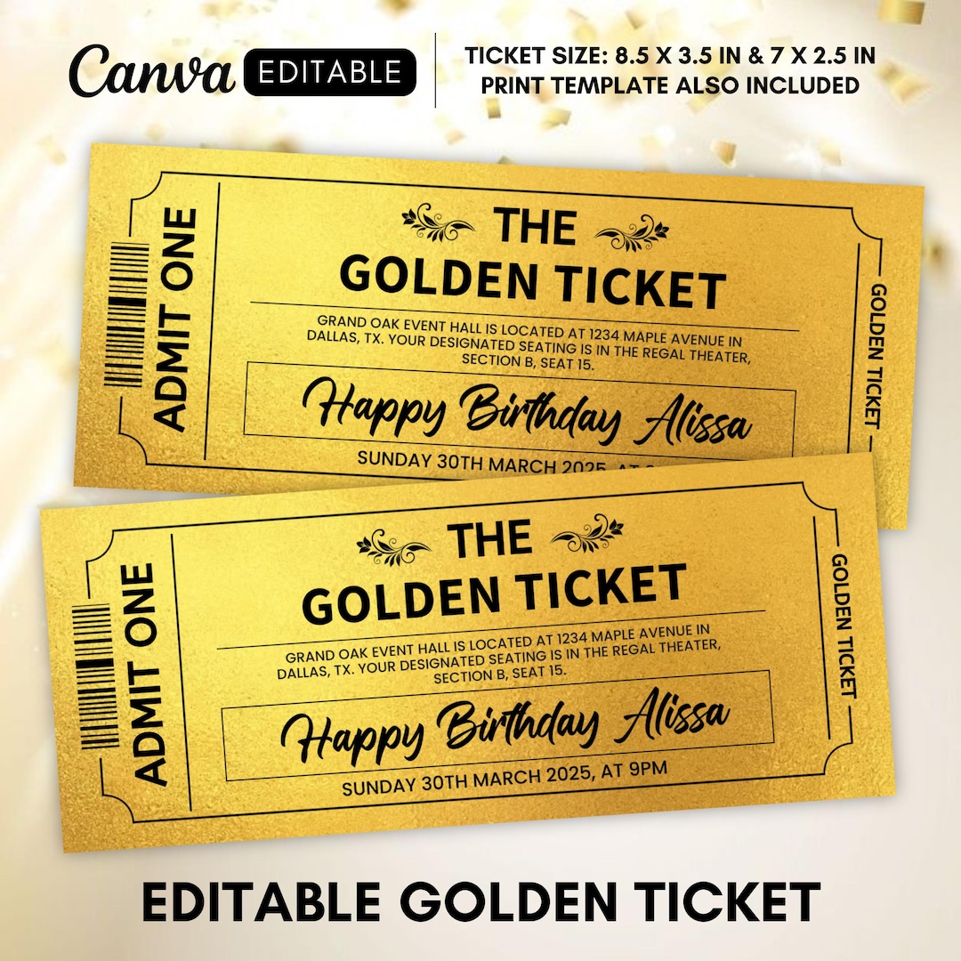 Golden Ticket Template, Printable Golden Ticket Editable Template, Golden Event Ticket, Custom ...