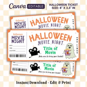 Editable Halloween Movie Night Ticket Template, Spooky Halloween Party ...