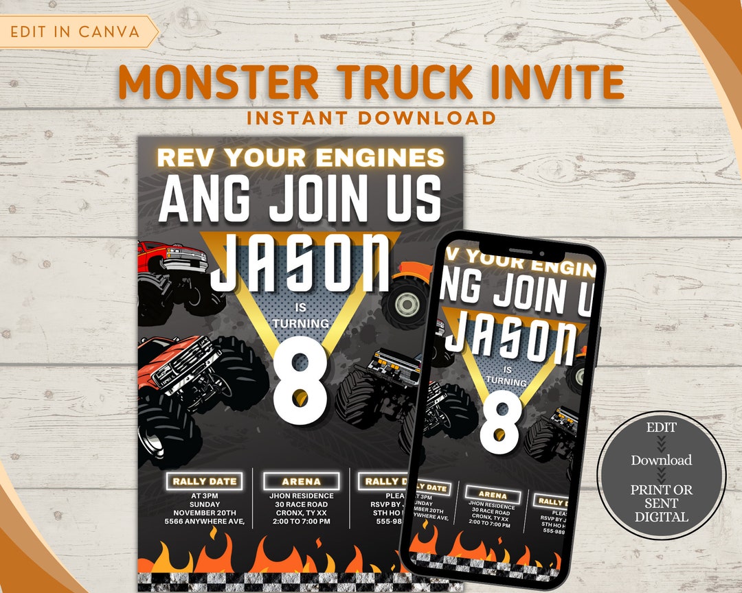 Monster Truck Invite, Party Invitation, Pool Party Invite, Monster ...