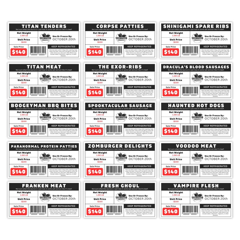 Editable Halloween Meat Labels, Fake Food Labels, Meat Stickers, Zombie ...