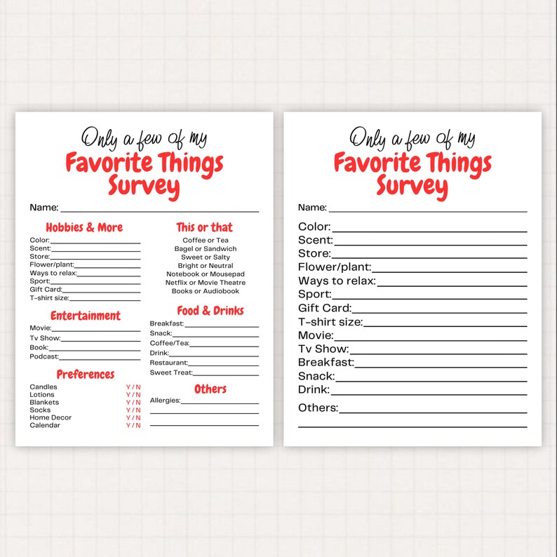 My Favorite Things Survey Questionnaire Printable, Employee Favorite ...