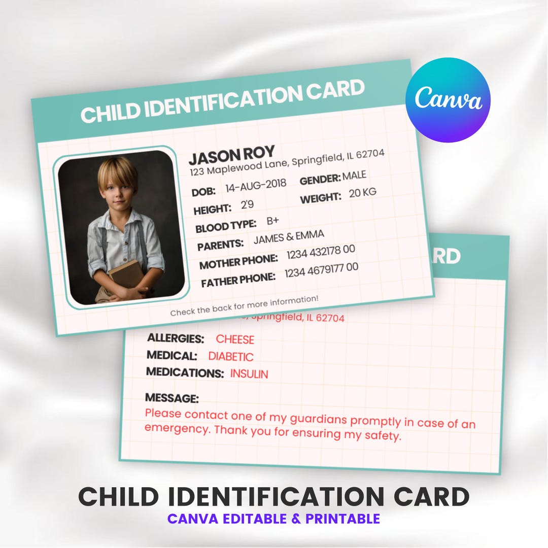 Editable Child ID Card Canva Template, Custom Id Card for Kids, Id ...