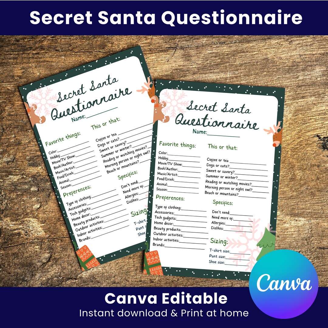 Editable Secret Santa Questionnaire, Secret Santa Form, Secret Santa ...