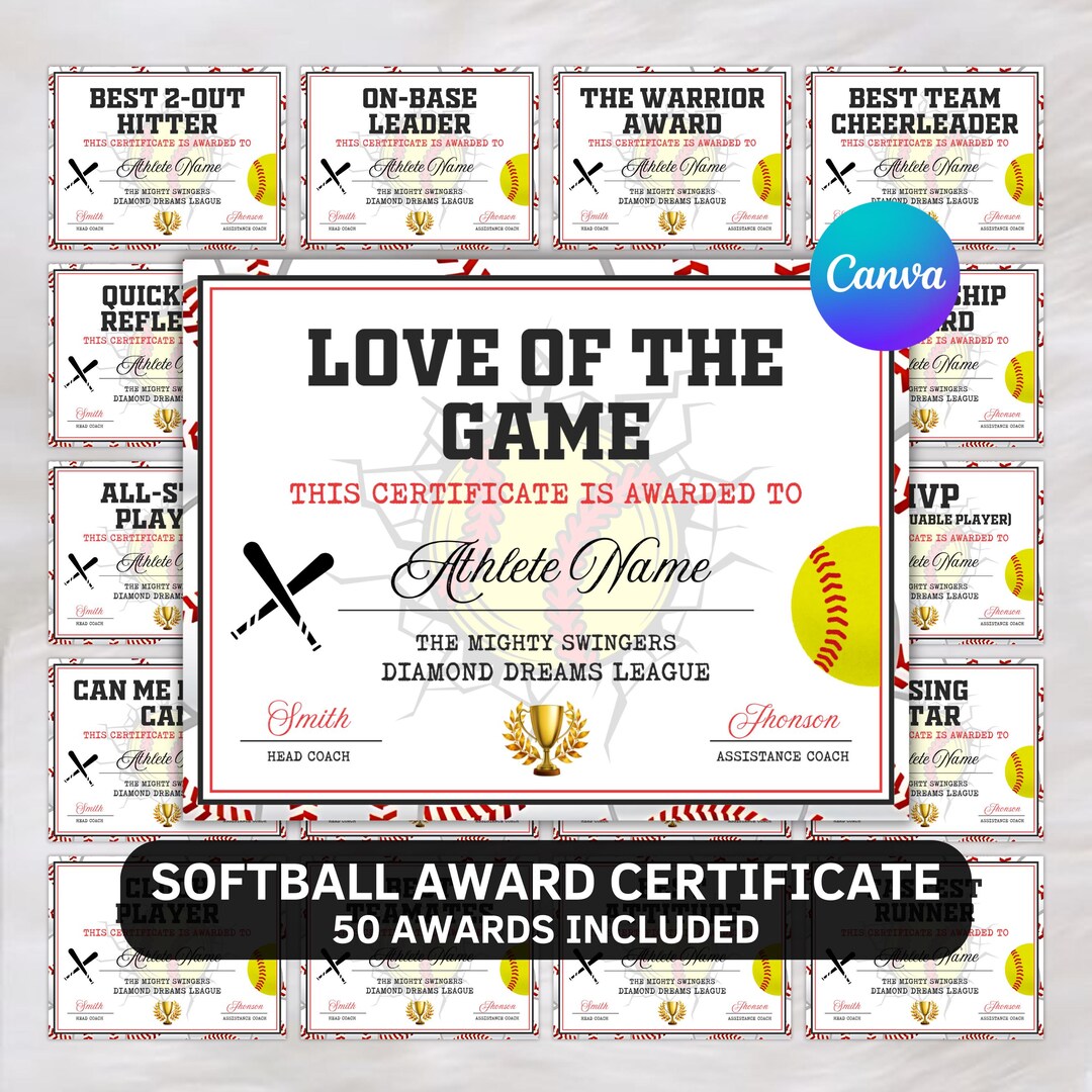 Editable Softball Award Certificate, Softball Award Printable, Softball ...