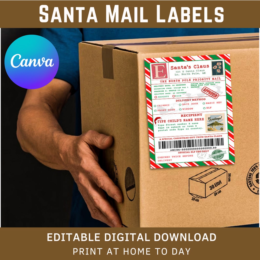 Editable Santa Mail Shipping Labels for Kids, Christmas Santa Mail ...