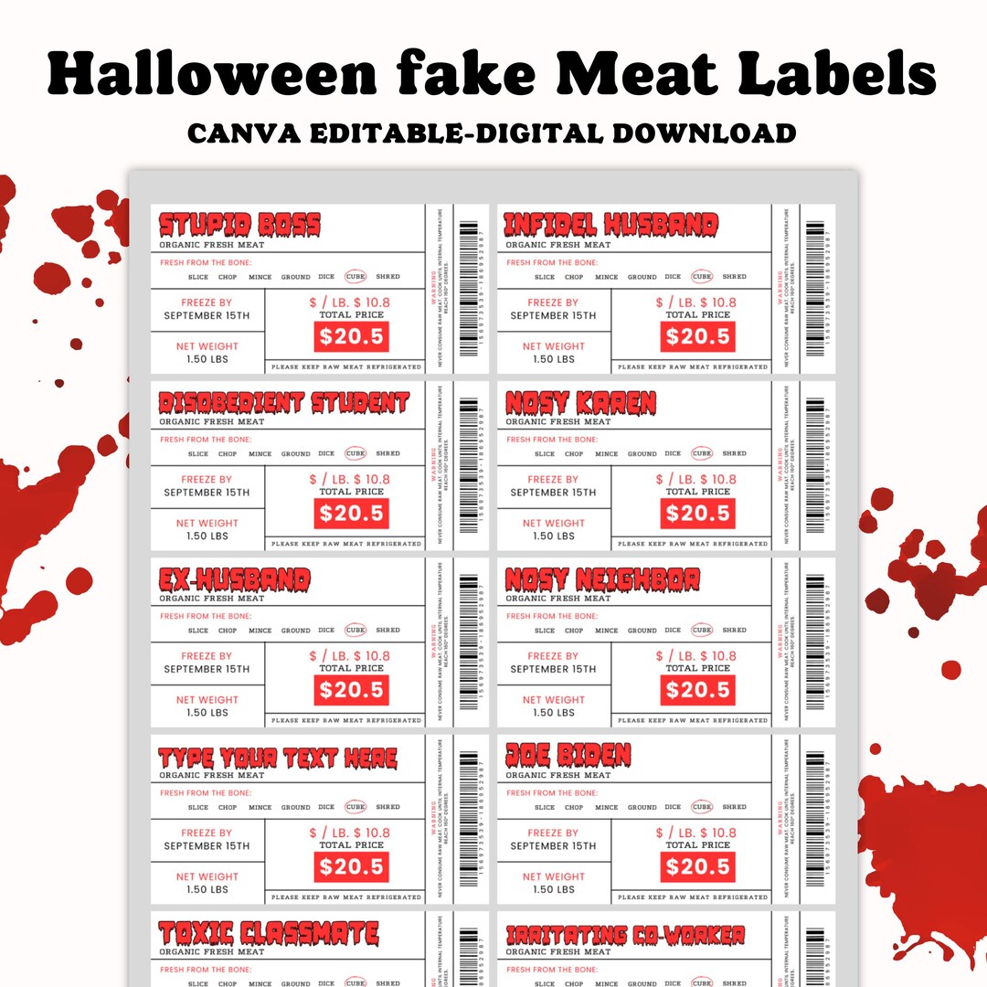 Editable Halloween Meat Labels, Fake Food Labels, Meat Stickers, Zombie ...