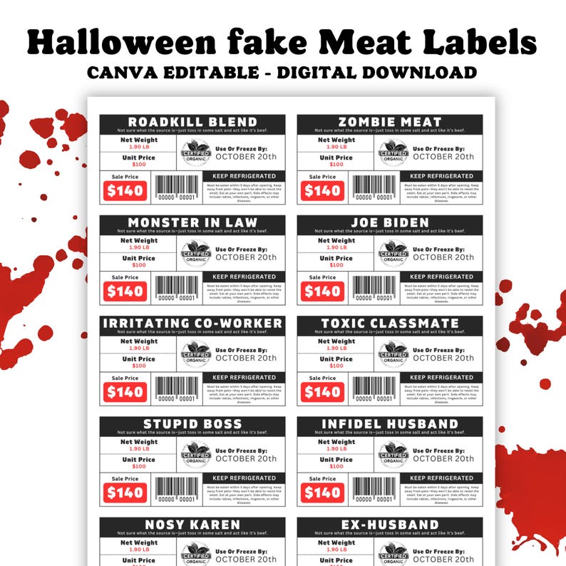 Editable Halloween Meat Labels, Fake Food Labels, Meat Stickers, Zombie ...