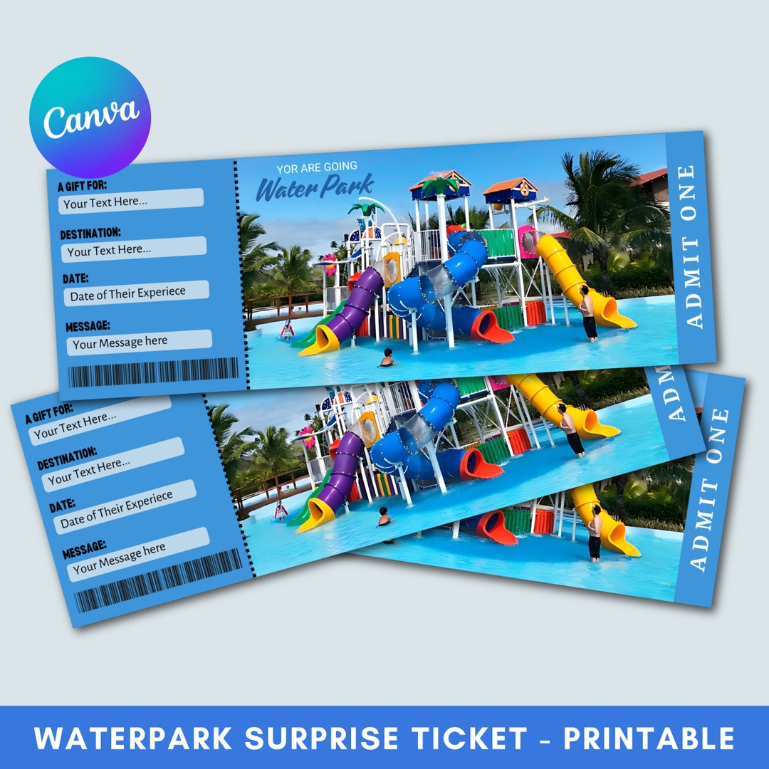 Printable Waterpark Theme Surprise Ticket Canva Template, Editable ...