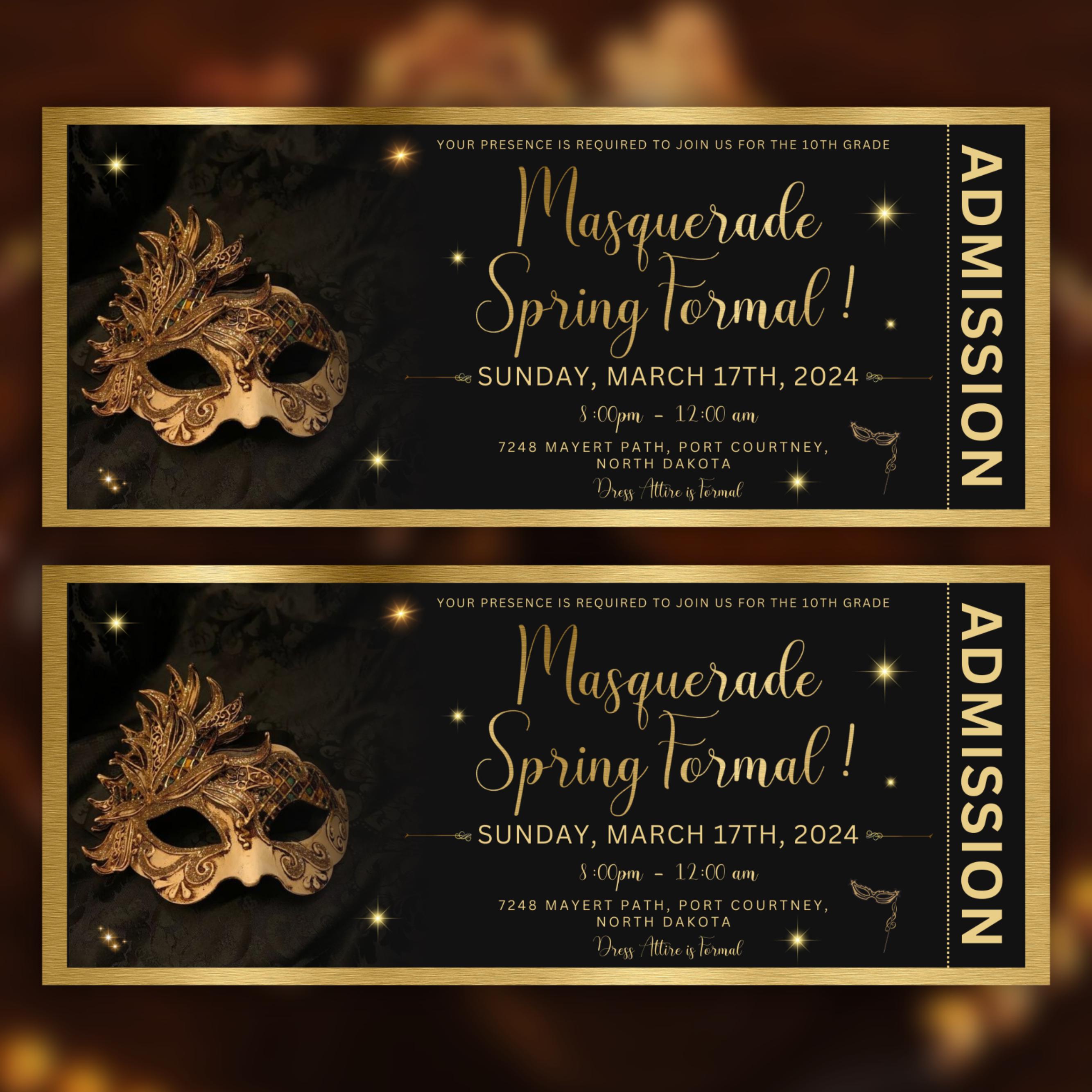 Masquerade Prom Ticket, Masquerade Ticket Invitation, Editable ...
