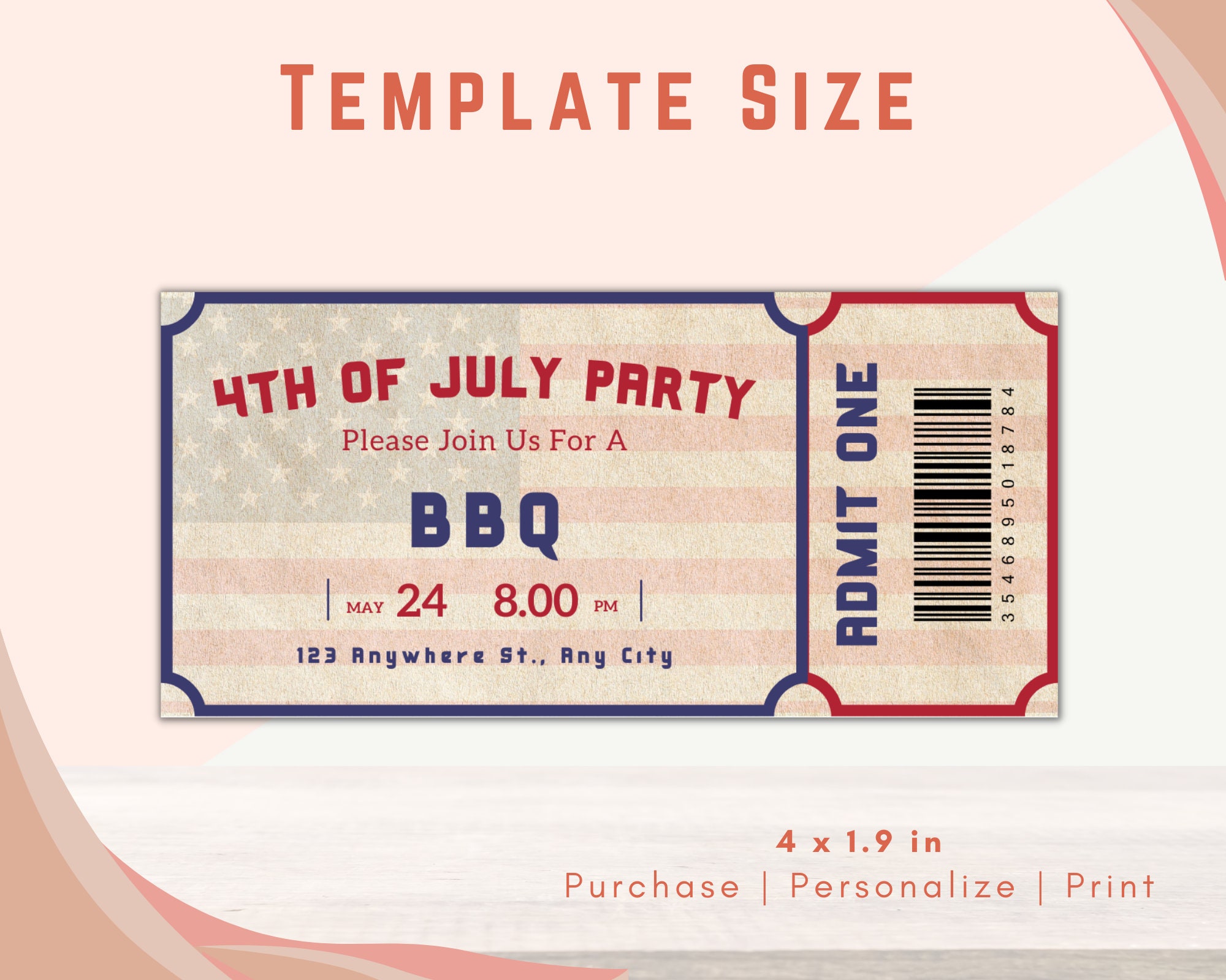 4th of July Party Ticket Invitation, Event Ticket Printable ...